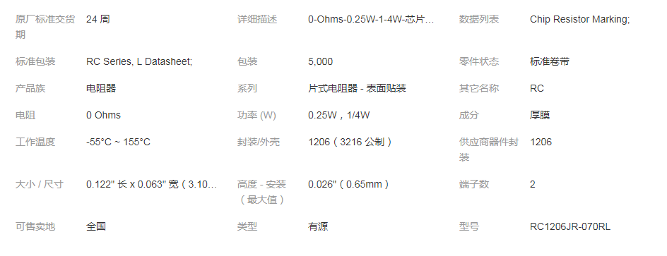 RC1206JR-070RL国巨_市场报价 - 百度AI市场